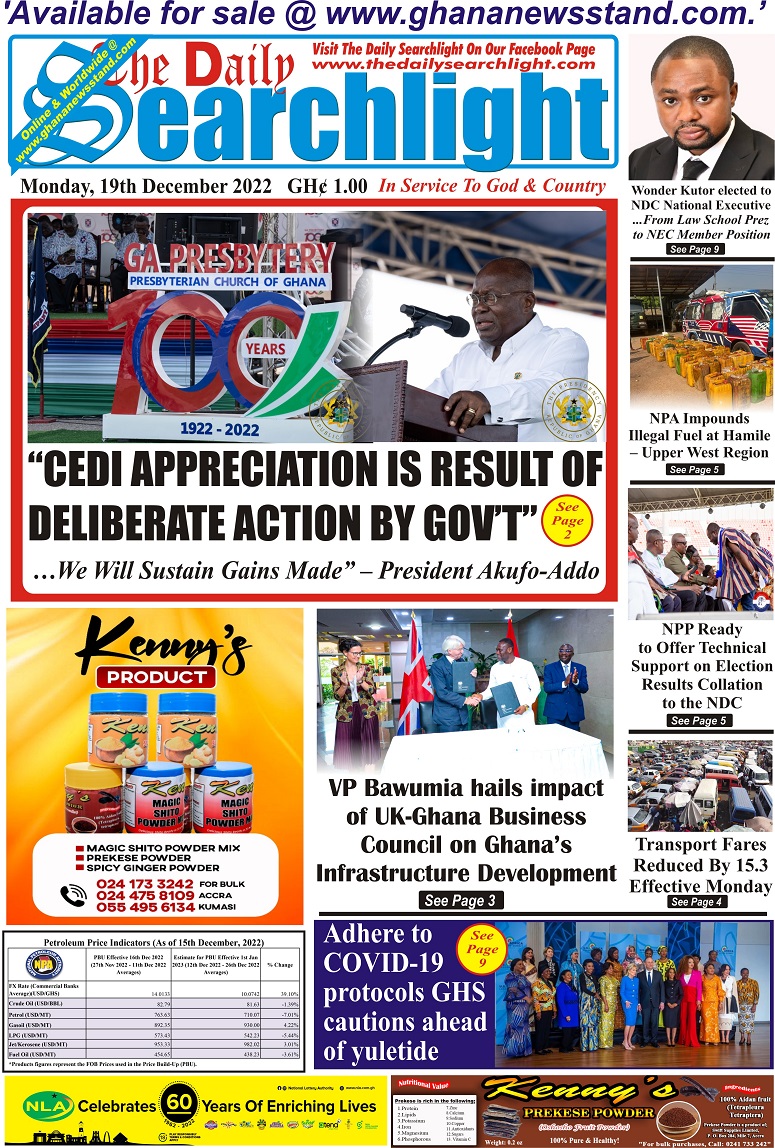 Daily Searchlight, Monday, 19th December, 2022 – Ghana News Stand