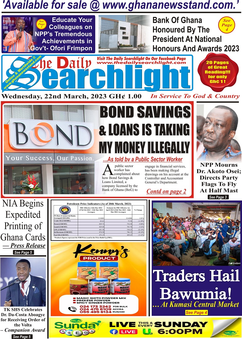 Daily Searchlight, Wednesday, 22nd March, 2023 – Ghana News Stand