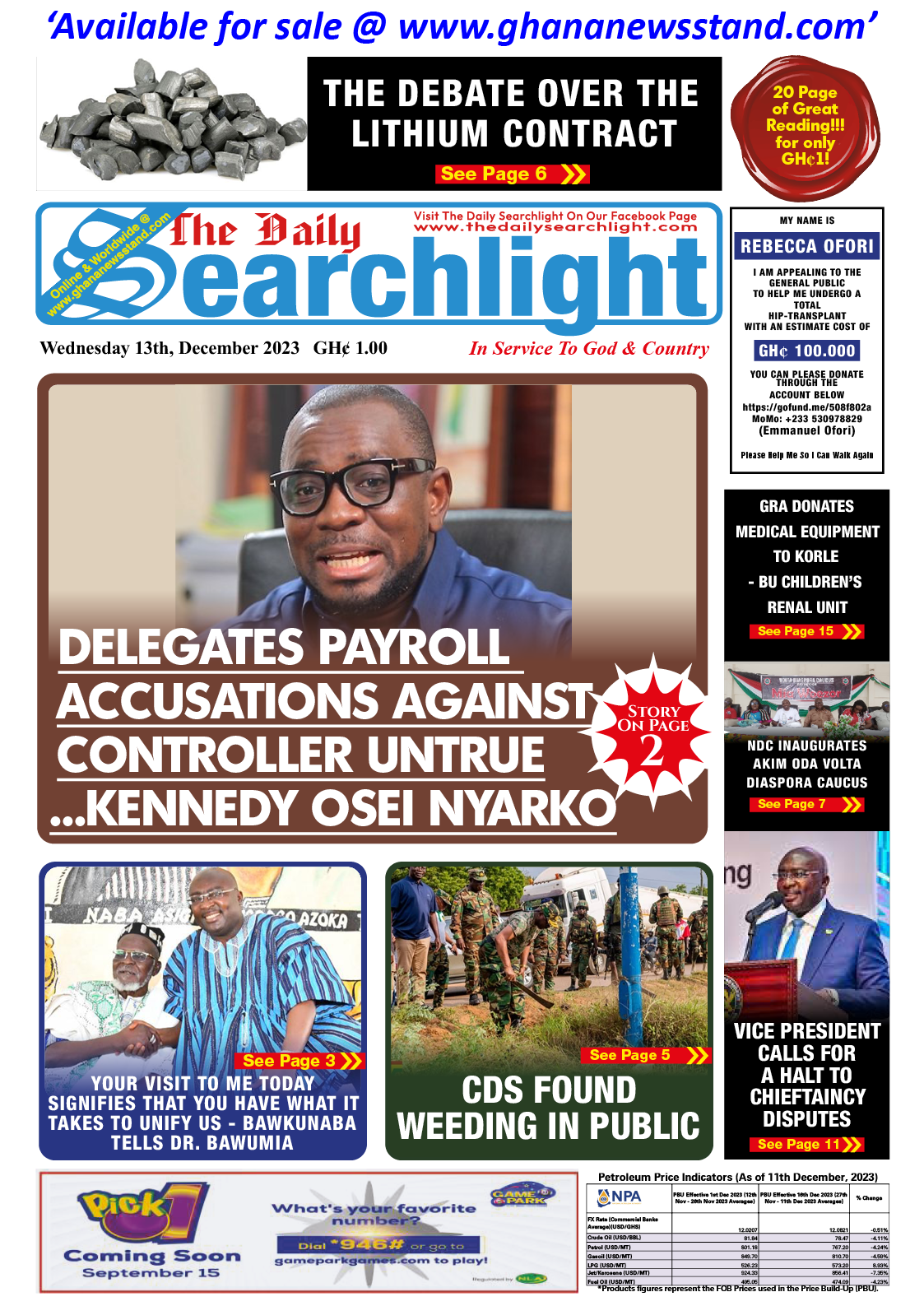 Daily Searchlight, Wednesday 13th, December 2023 – Ghana News Stand