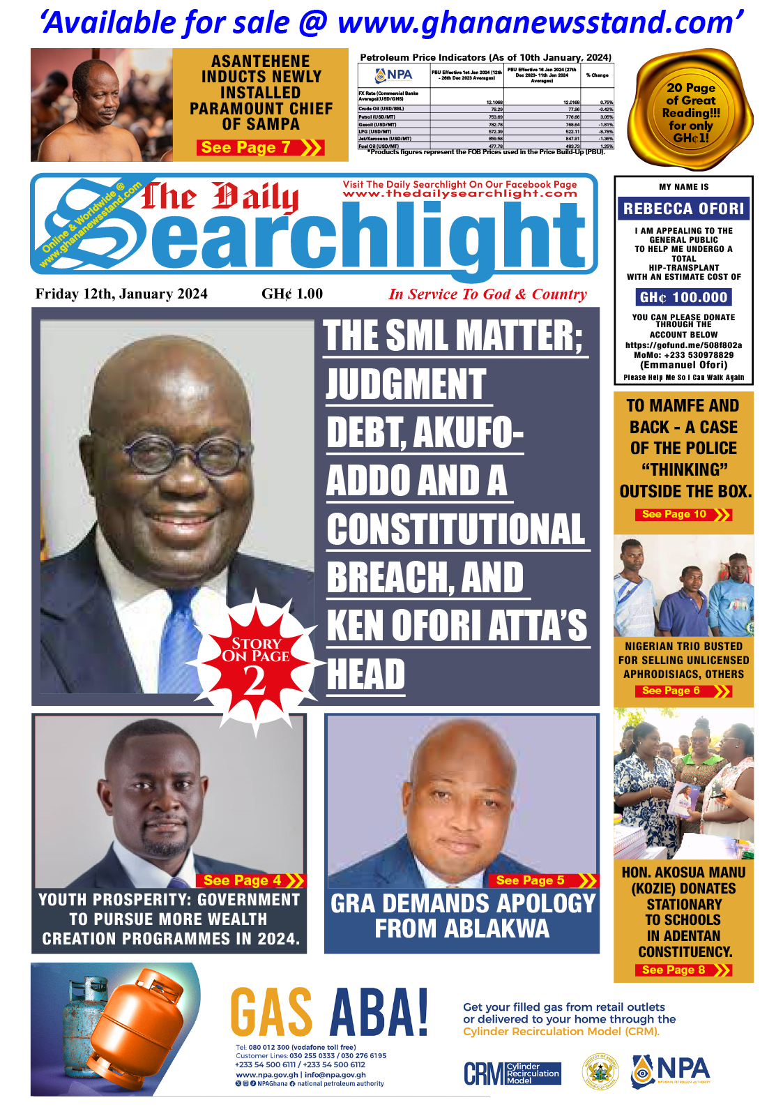 Daily Searchlight, Friday, 12th January, 2024 – Ghana News Stand