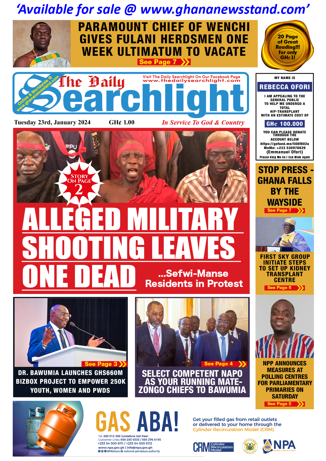 Daily Searchlight, Tuesday, 23rd January, 2024 – Ghana News Stand