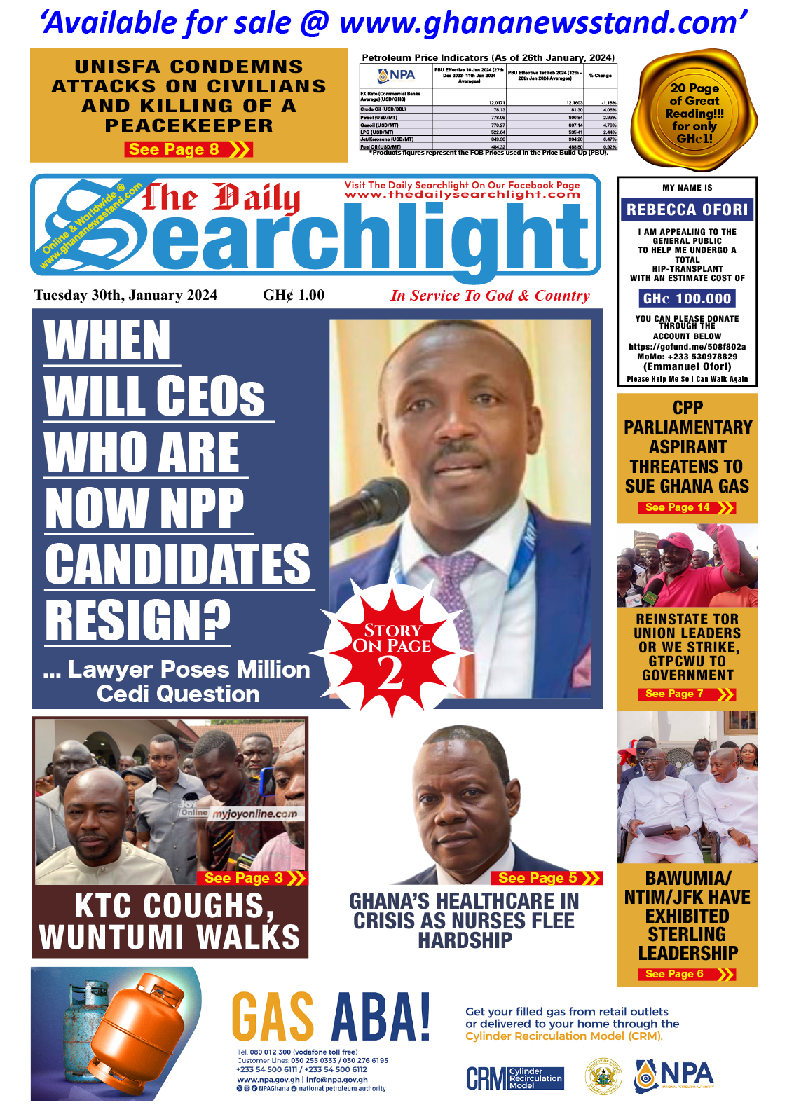 Daily Searchlight, Tuesday, 30th January, 2024 – Ghana News Stand